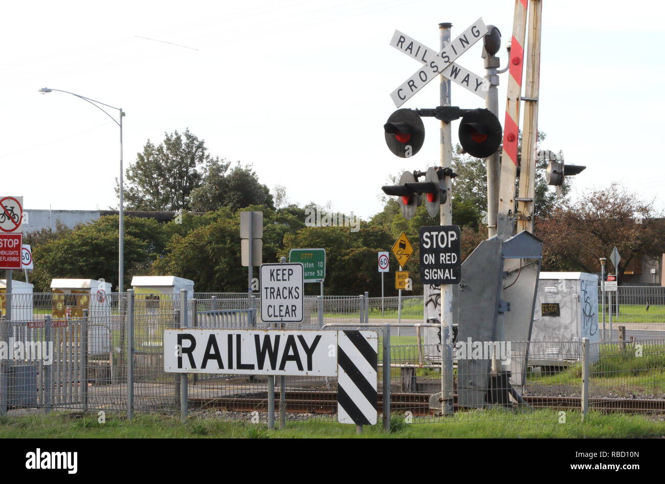 May 13, 2016 - Melbourne, Victoria, Australia - Railway crossing sign ...