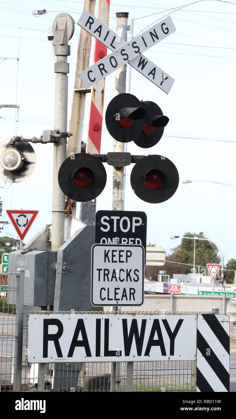 May 13, 2016 - Melbourne, Victoria, Australia - Railway crossing sign ...