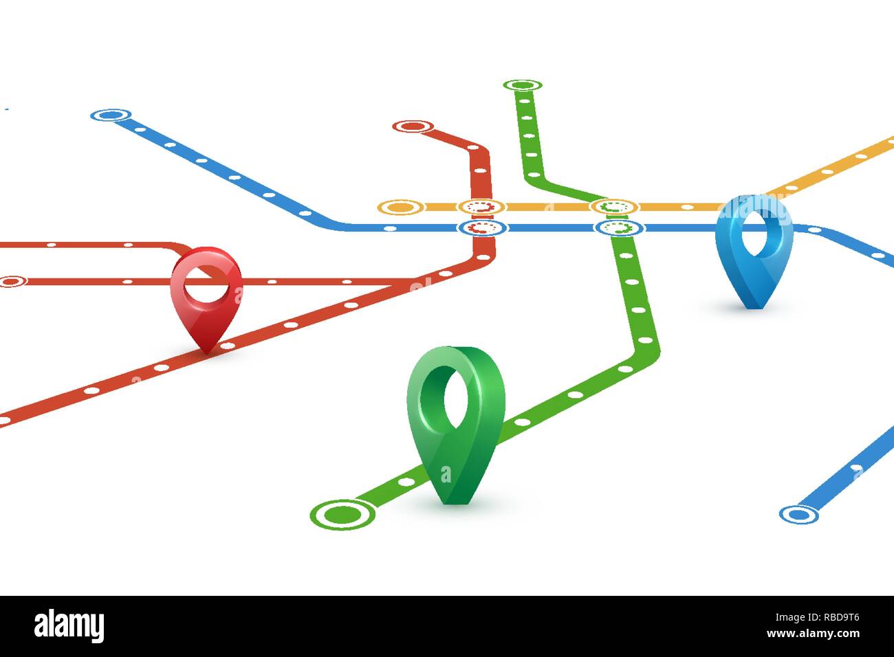 Abstract map of subway routes. Perspective view. Realistic 3D pointers ...