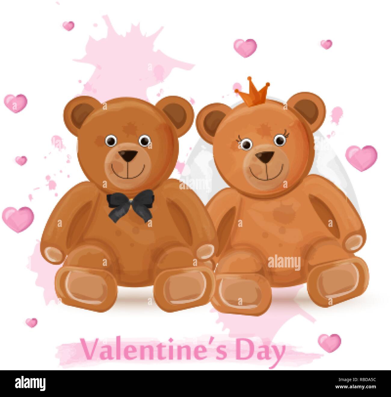 Valentine day card with teddy bears couple Vector watercolor ...