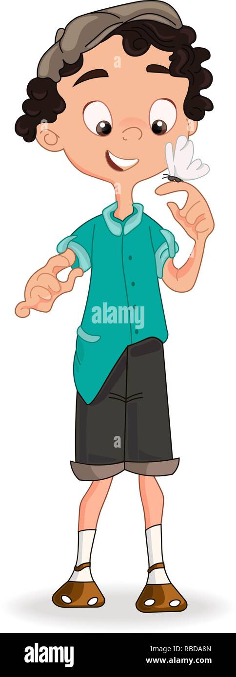Boy playing with a butterfly isolated Vector. Cartoon character ...