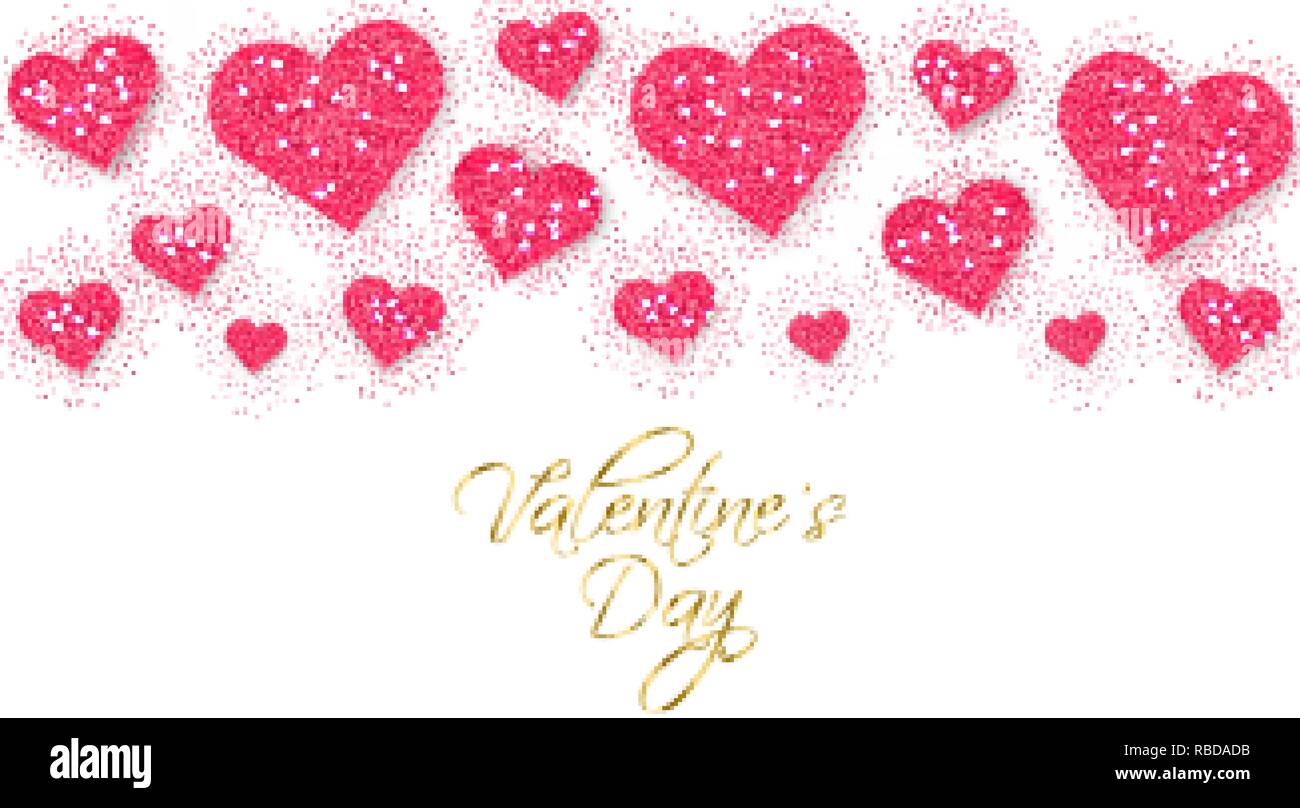 Pink glitter hearts Valentine day banner Vector. Romantic card template ...