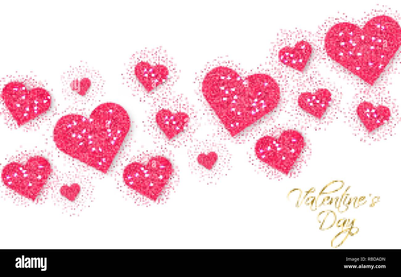 Pink glitter hearts Valentine day banner Vector. Romantic card template ...