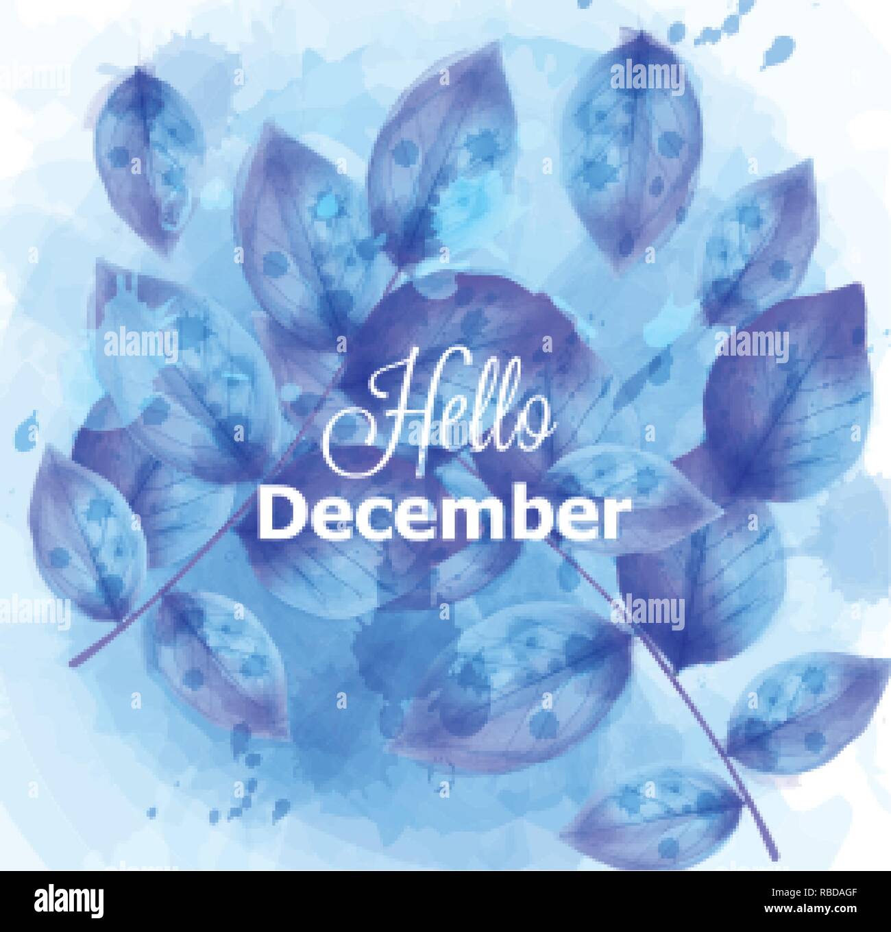 Hello December card with blue leaves Vector. Beautiful winter ...
