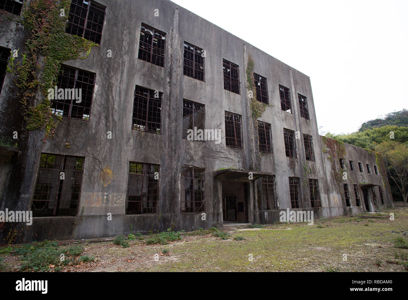 The ruins of the power plant in Okunojima island in Takehara, Hiroshima ...