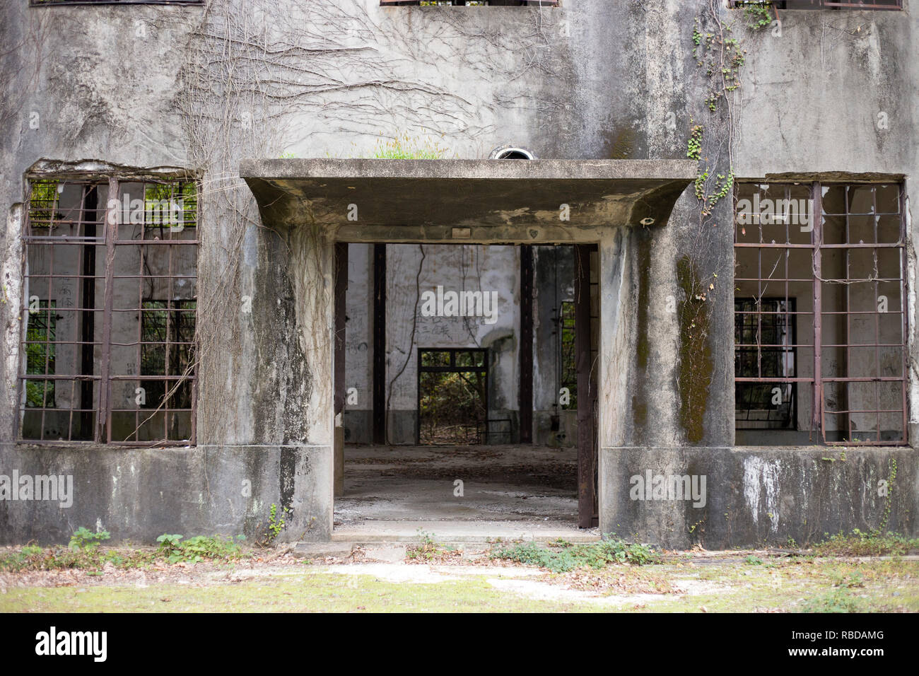 The ruins of the power plant in Okunojima island in Takehara, Hiroshima ...