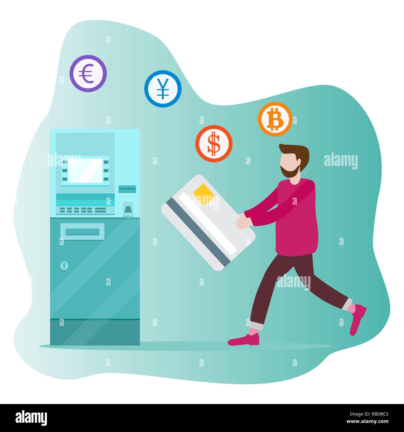 Vector illustration with man goes to ATM with a bank card. Personal ...