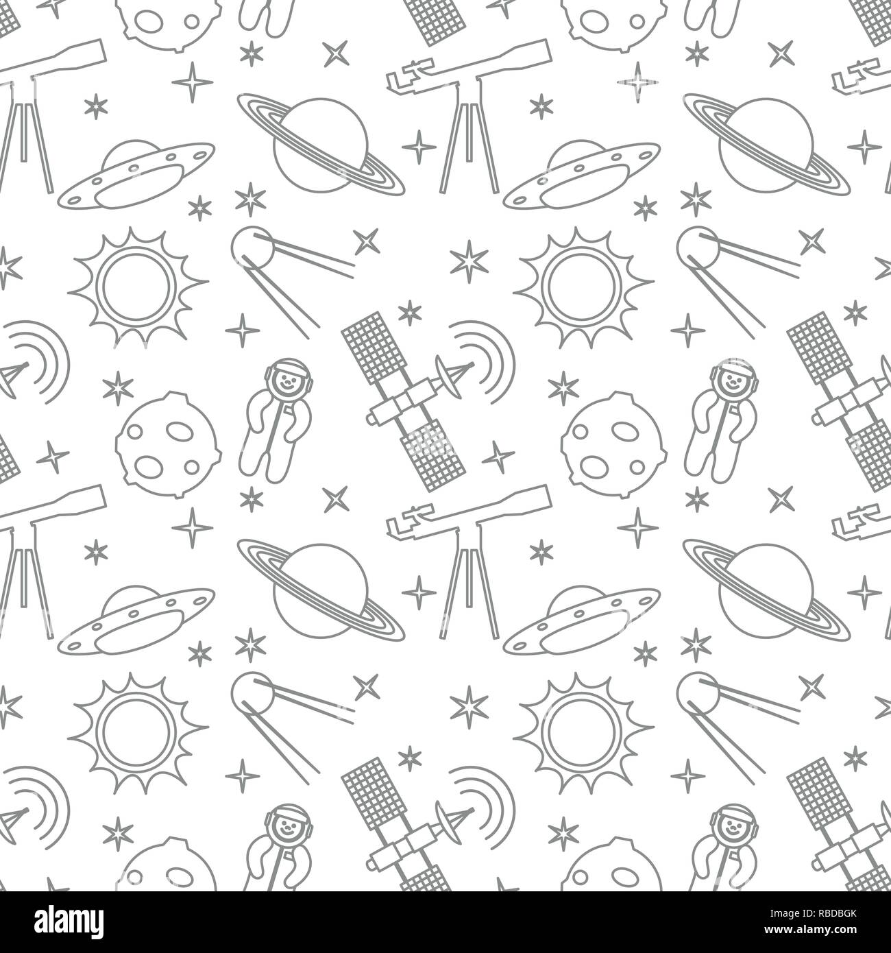 Seamless pattern with telescope, UFO, satellite, planets, astronaut ...