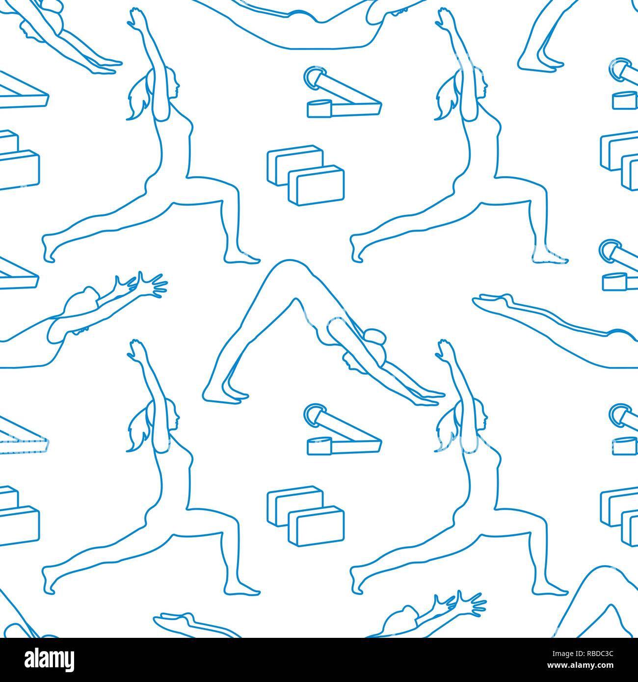 Seamless pattern with women in yoga poses, blocks, belt for yoga. Relax ...