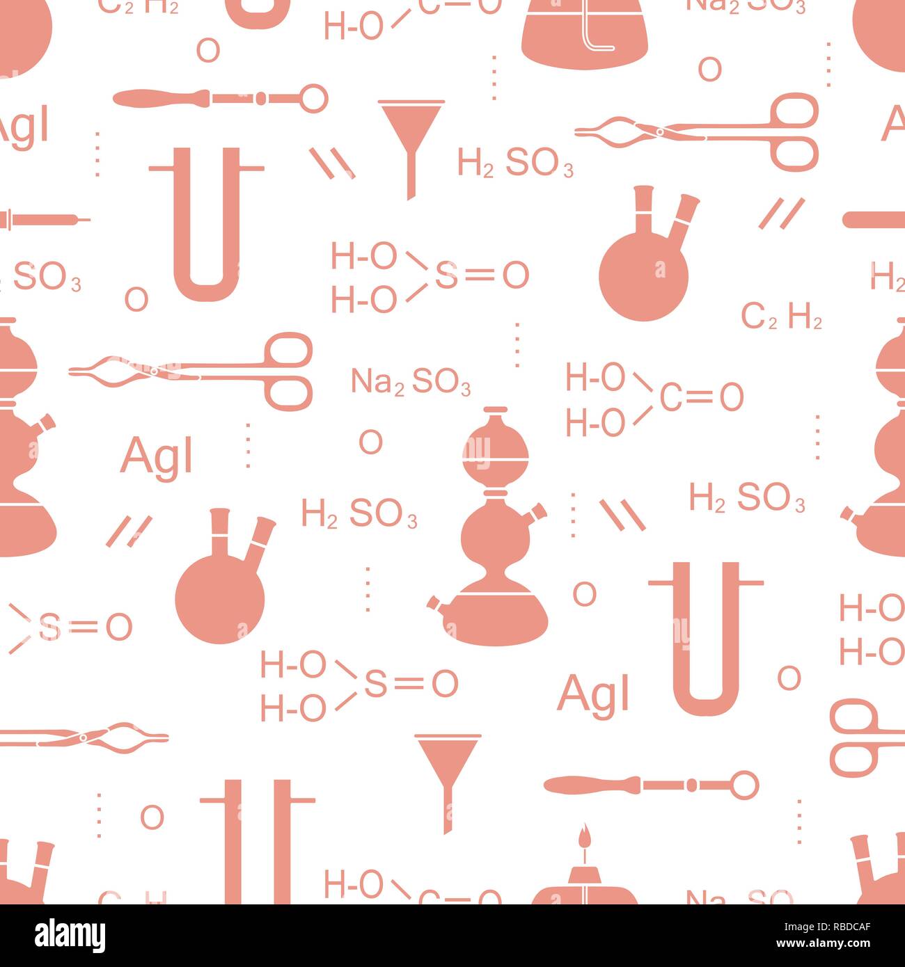 Scientific vector seamless pattern with flasks, burners, funnels, tools ...