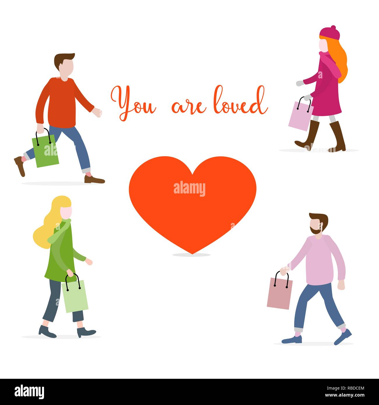 Vector illustration with people carry purchases, gifts for loved ones ...