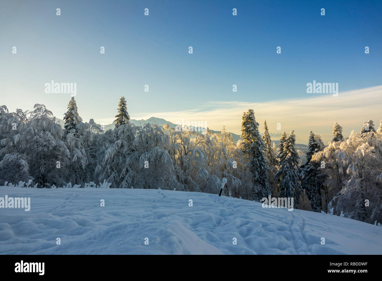 Fantastic mountain landscape glowing by sunlight. Dramatic wintry scene in Carpathians Stock ...