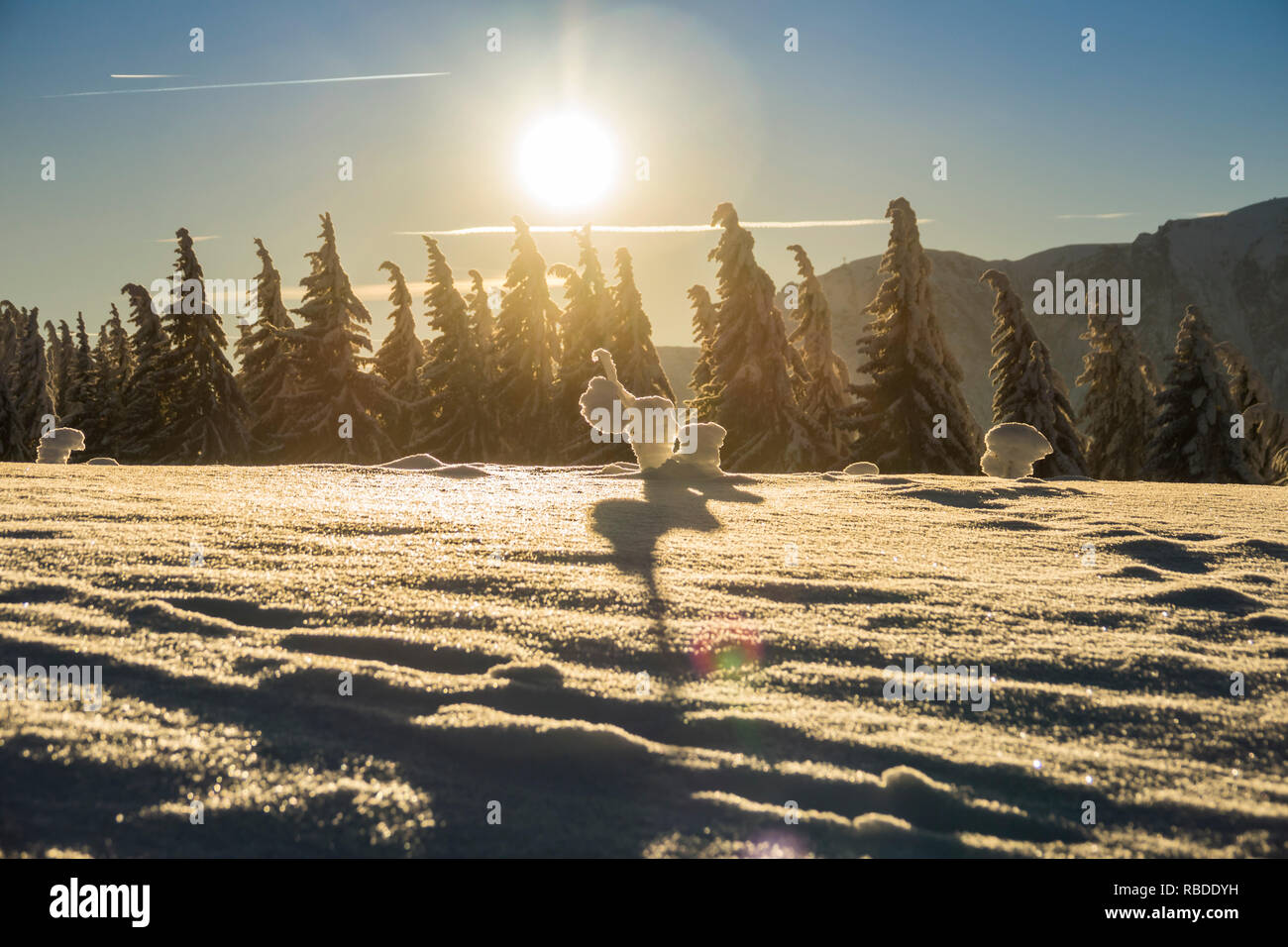 Fantastic mountain landscape glowing by sunlight. Dramatic wintry scene in Carpathians Stock ...