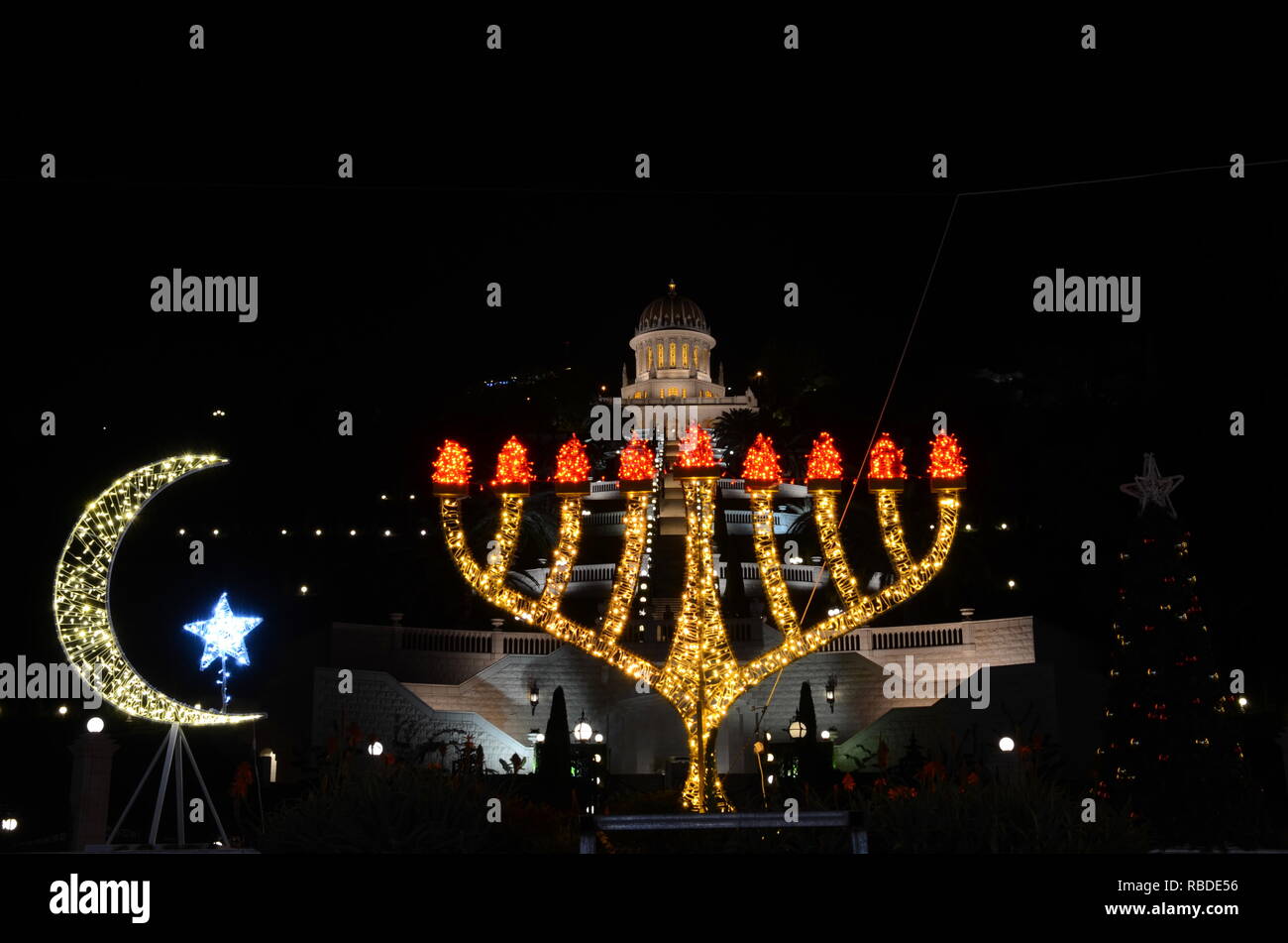 Shrine of the Bab in Haifa by night at Christmas with symbols of Islam ...