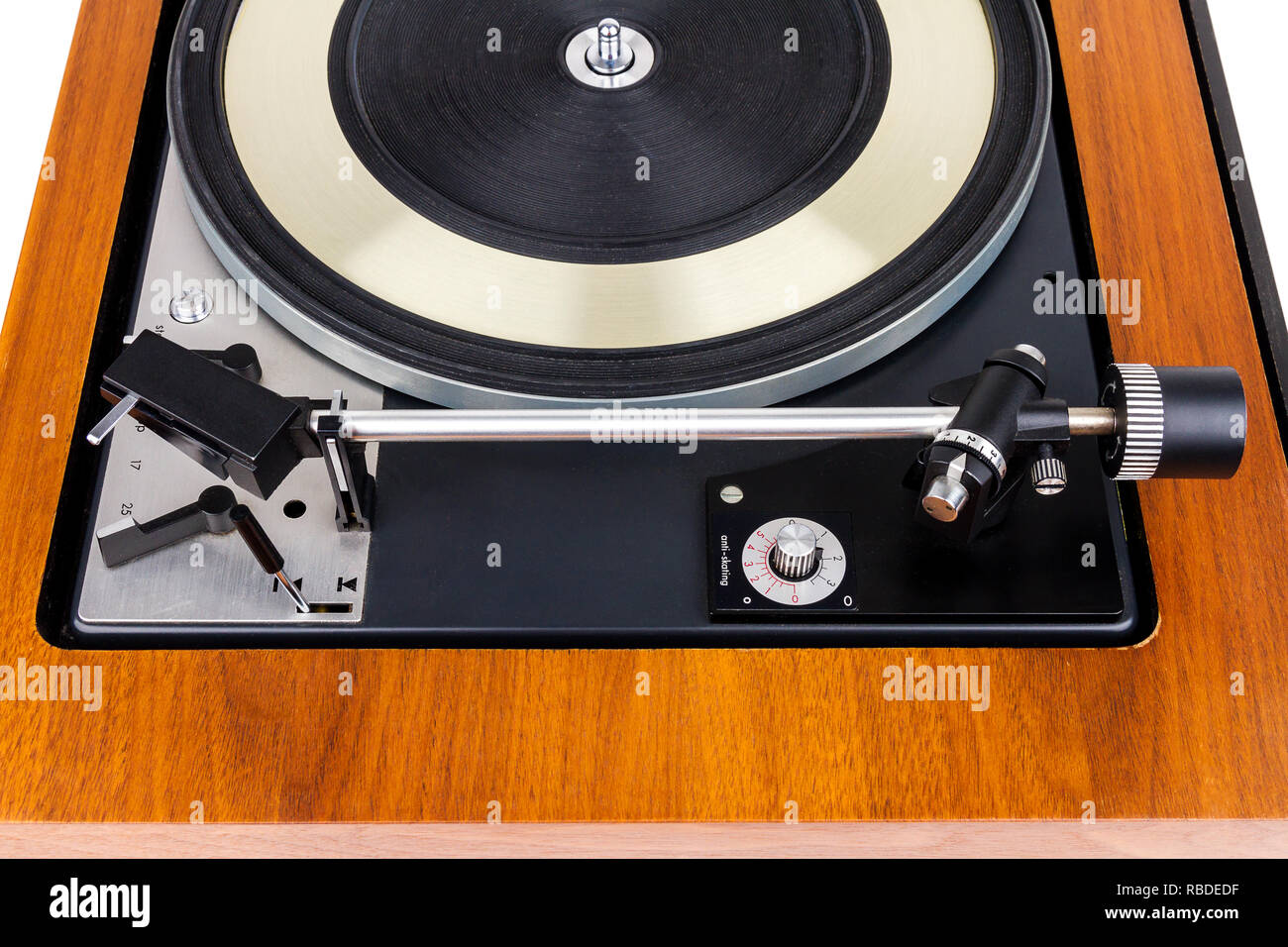 Side view of vintage turntable vinyl record player isolated on white ...