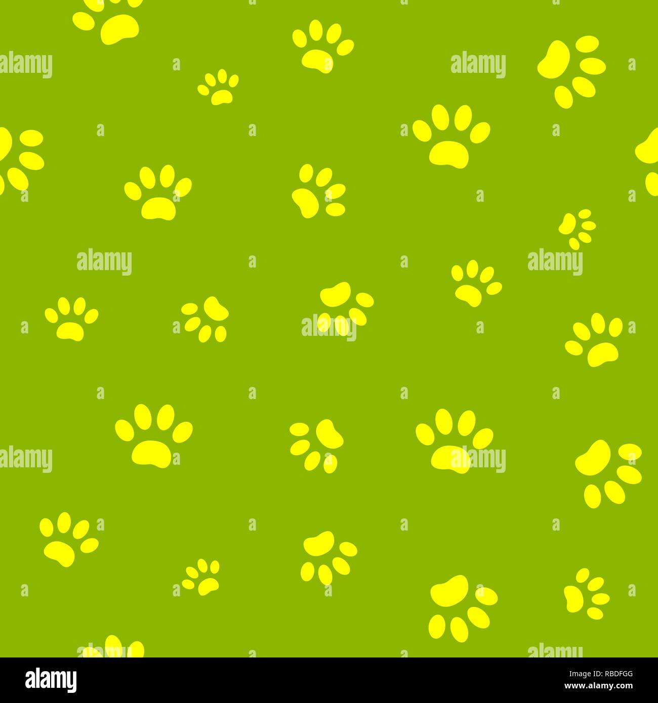 Seamless pattern of yellow paw prints animal on green background vector ...