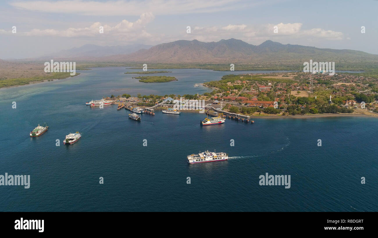 Aerial view ferry port gilimanuk with ferry boats, vehicles. Ferries ...