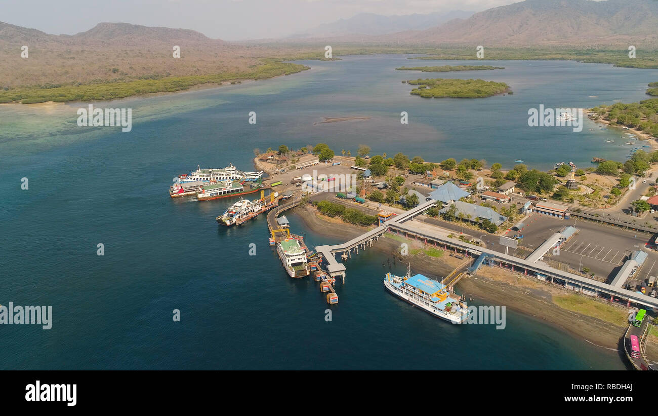 Aerial view ferry port gilimanuk with ferry boats, vehicles. Ferries ...
