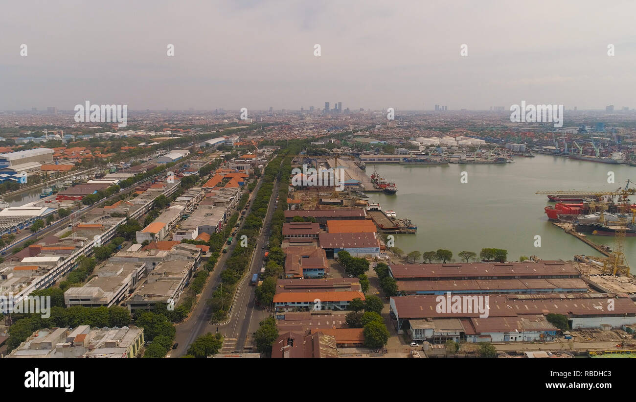 aerial view cargo and passenger seaport with ships and crane Tanjung ...