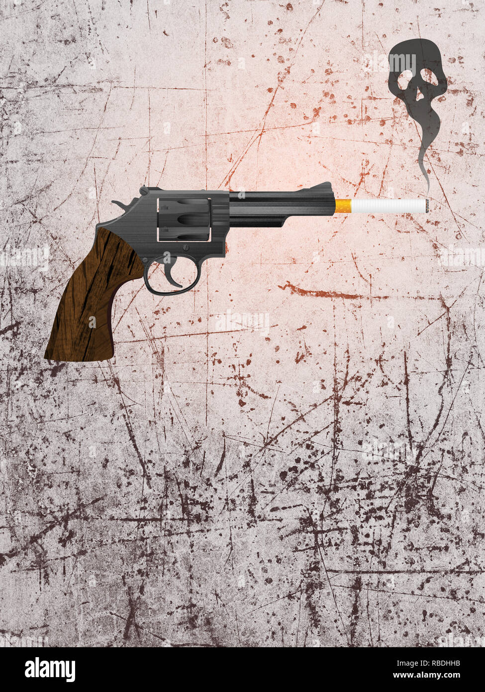 Gun With Cigarette and Skull Shaped Smoke Bitmap Illustration Stock ...
