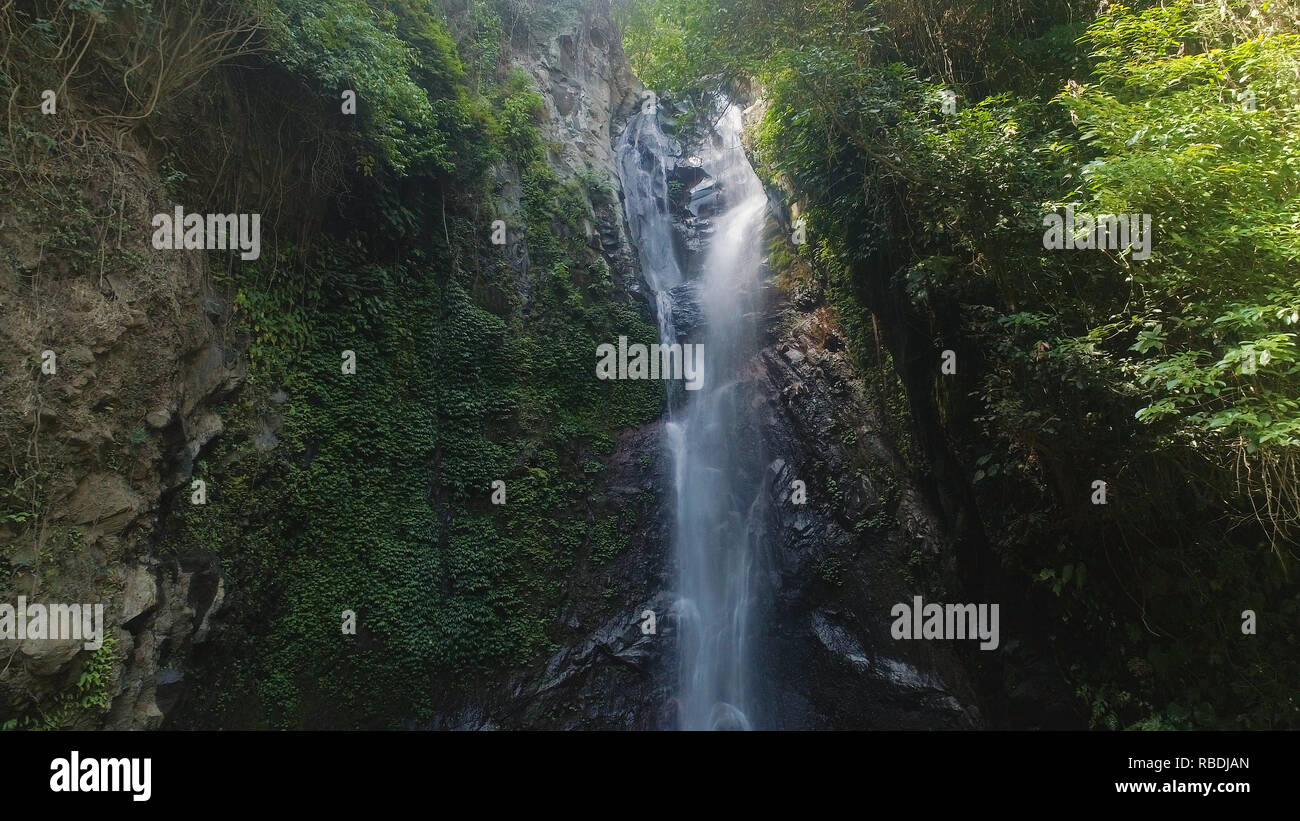aerial view waterfall in green rainforest. tropical waterfall in ...