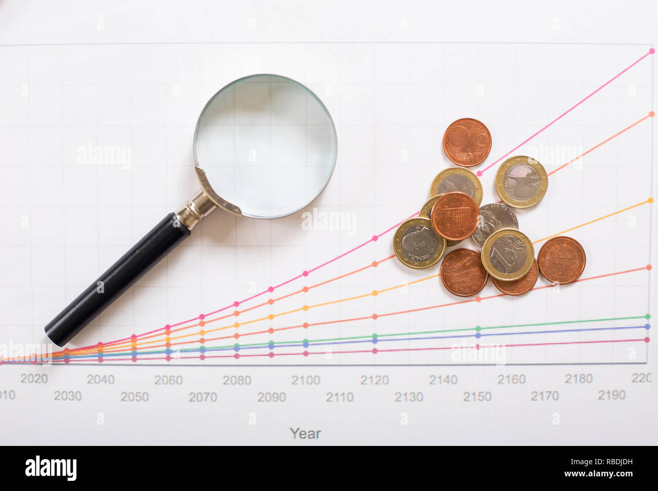magnifier and coins on the increase graph Stock Photo - Alamy