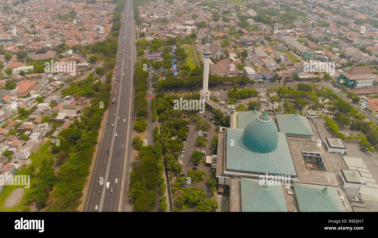 aerial view cityscape city Surabaya with mosque Al Akbar, highway ...