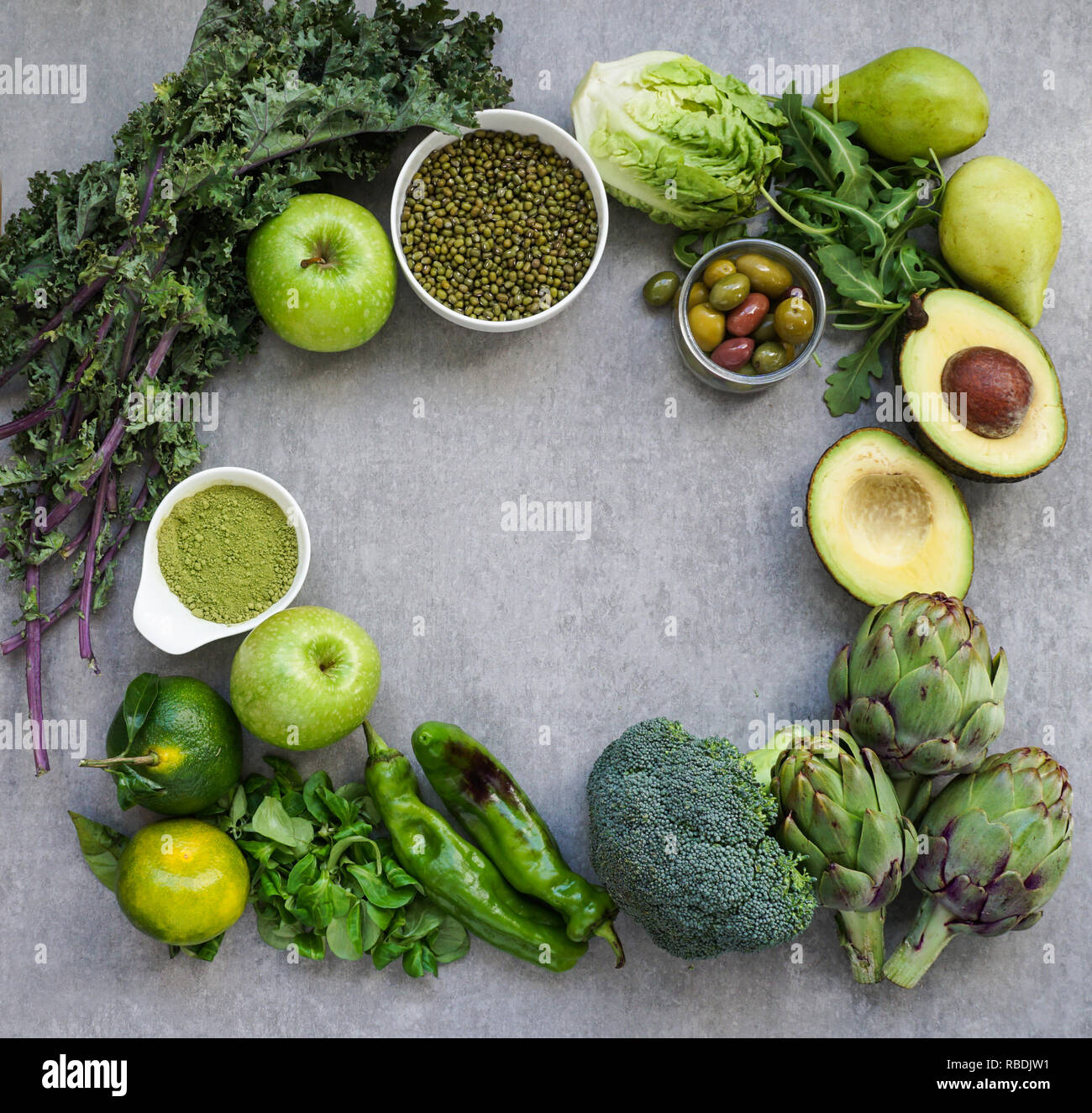 Healthy Green food selection for vegetarians: avocado, apples, broccoli ...