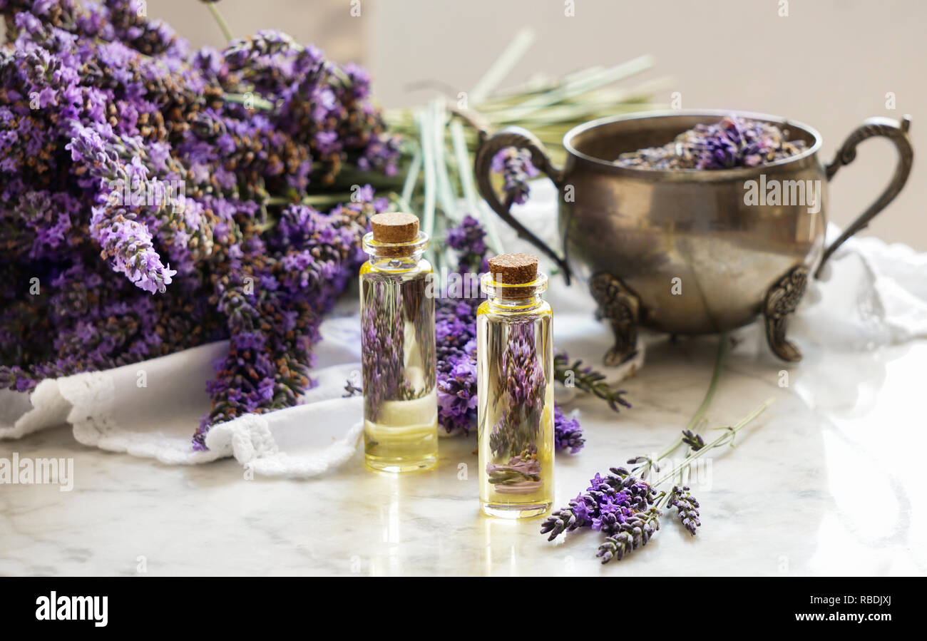 lavender oil bottles, natural herb cosmetic consept with lavender ...