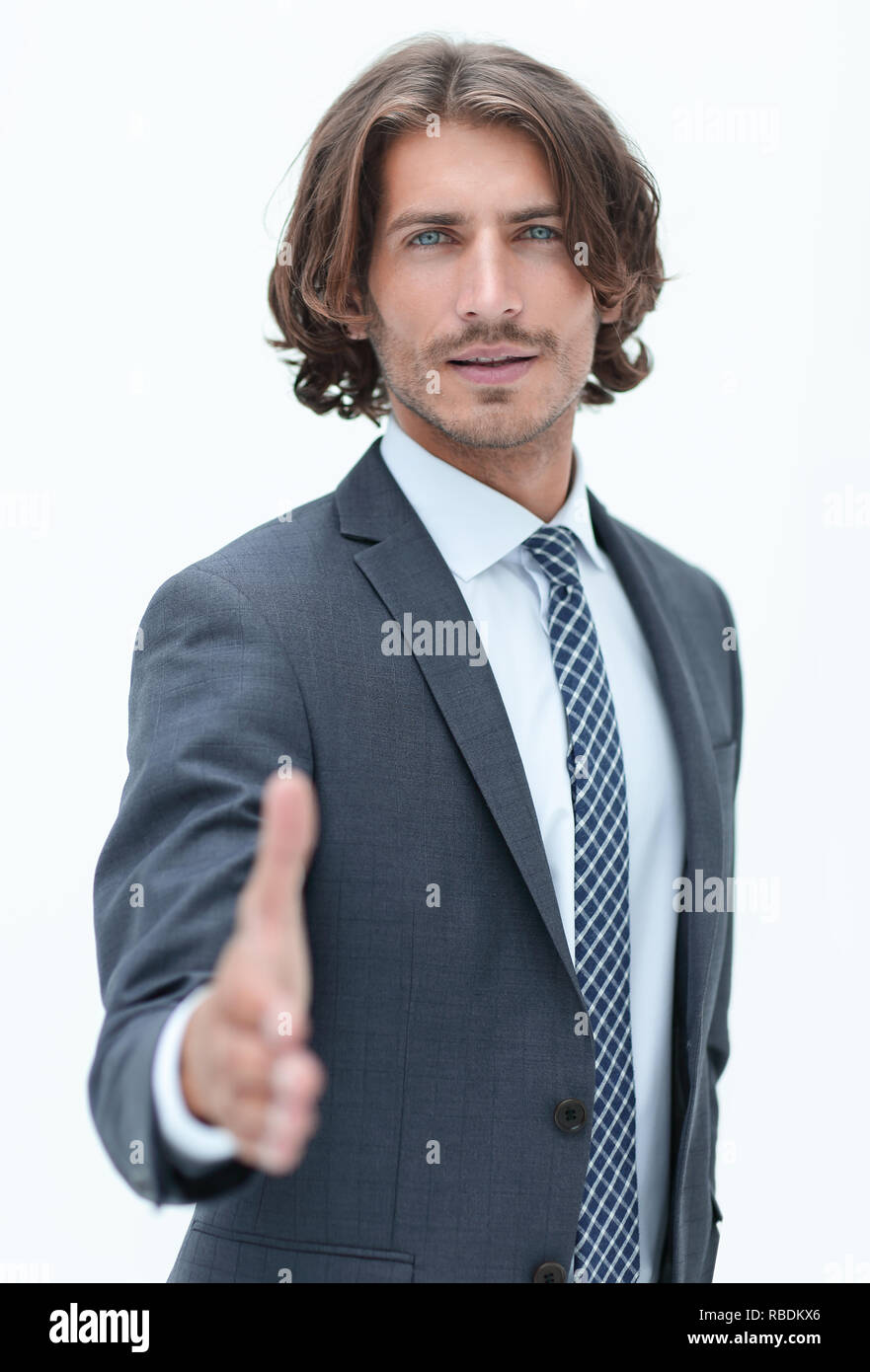 Businessman offering handshake to you on white background Stock Photo ...