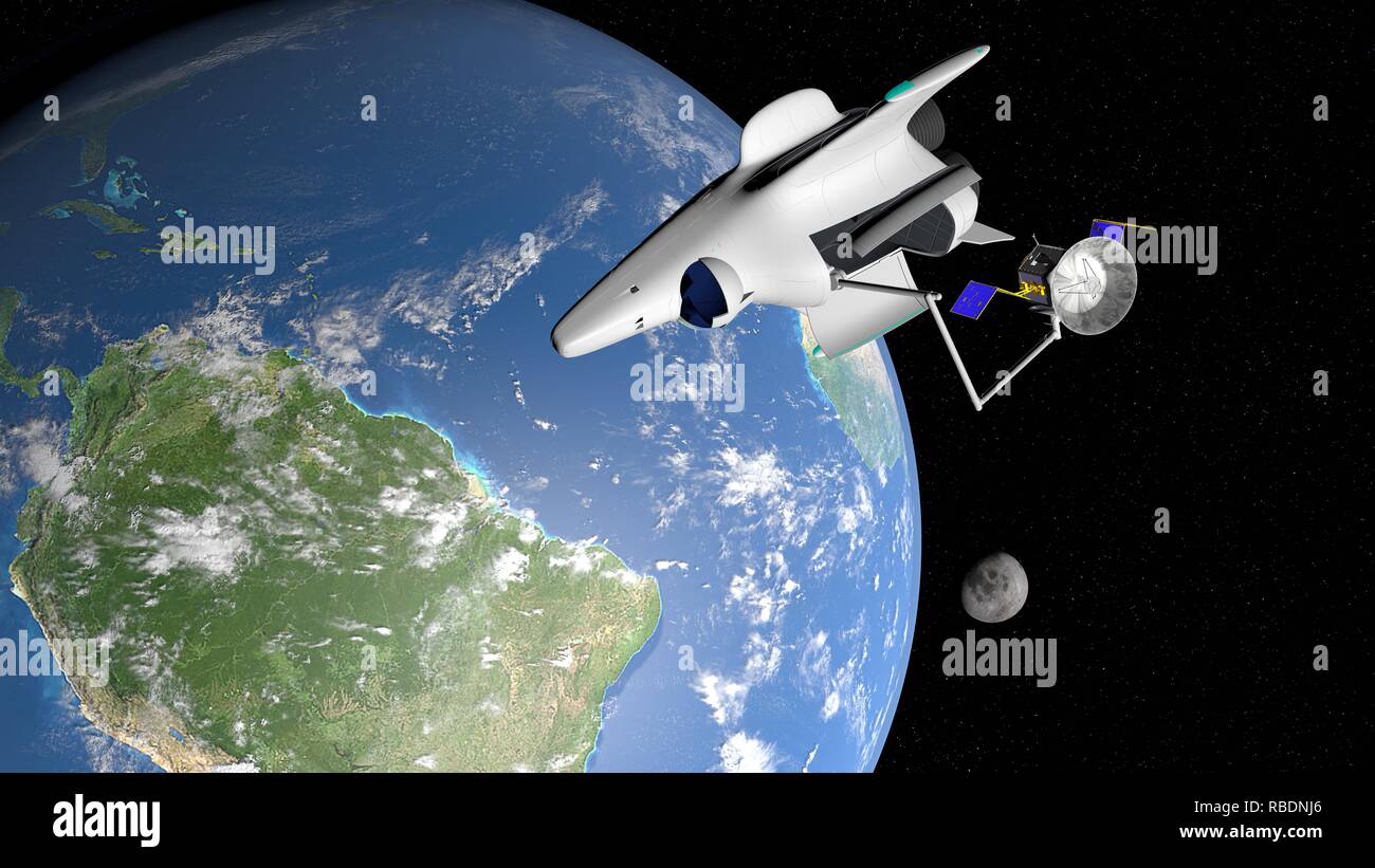 Fantasy space shuttle placing in the orbit of planet Earth a ...