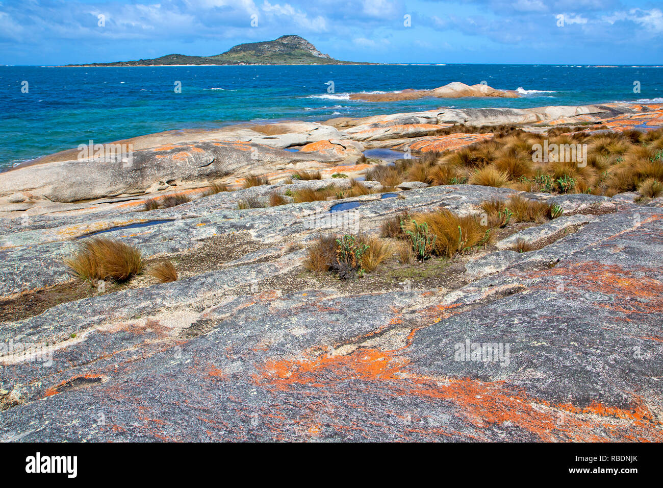 Lichen-covered granite on West End Beach on Flinders Island Stock Photo ...