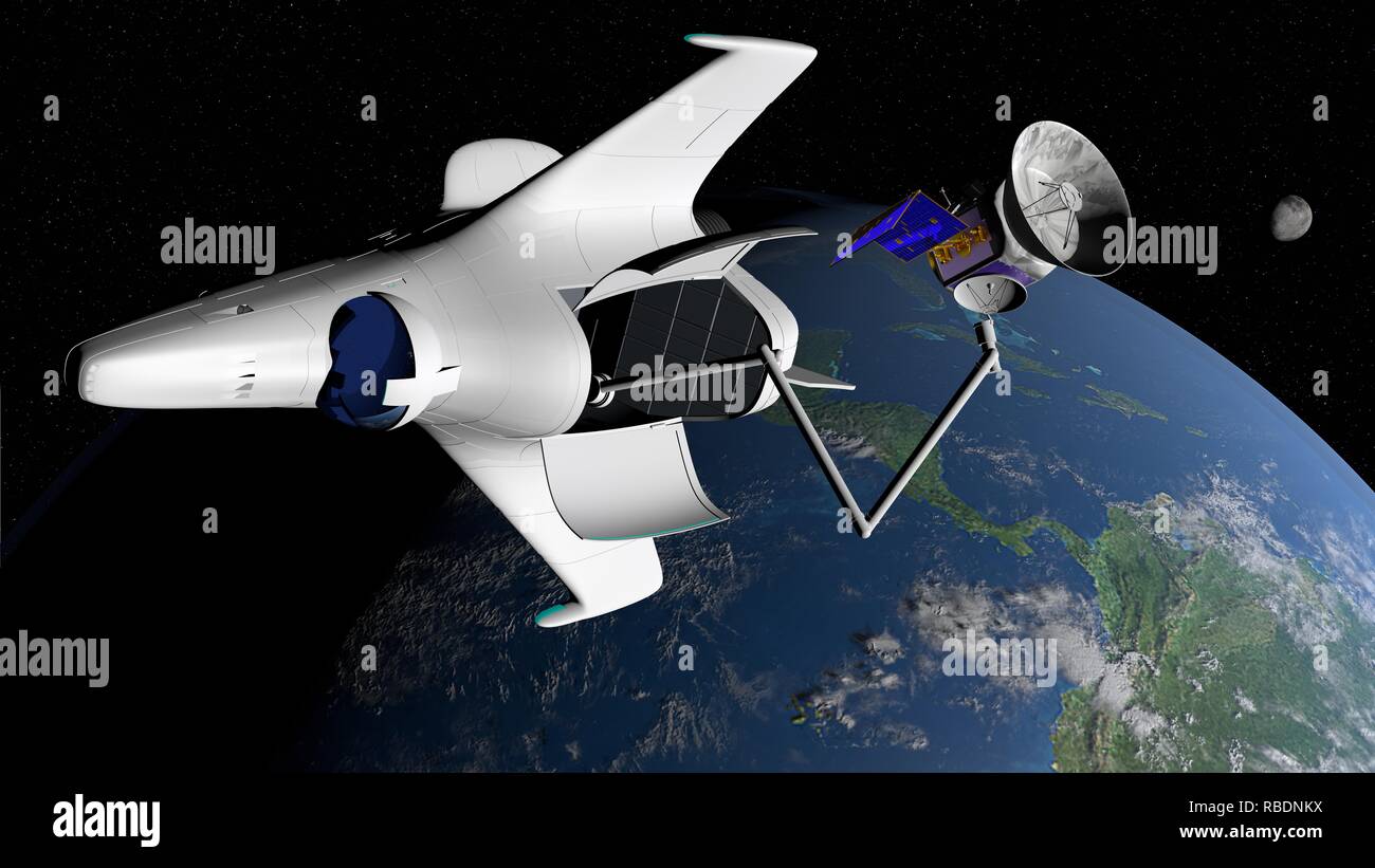 Fantasy space shuttle placing in the orbit of planet Earth a ...