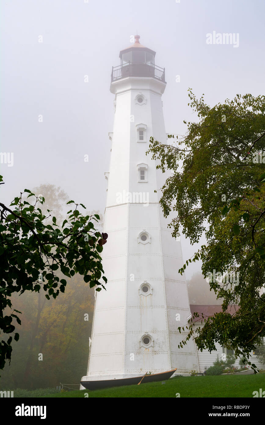 The "North Point Lighthouse" as the sun breaks through the morning fog ...