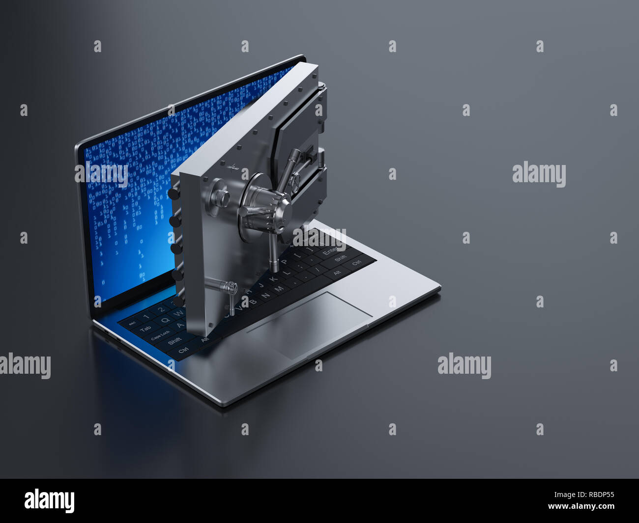 Online security concept with 3d rendering vault door on computer ...