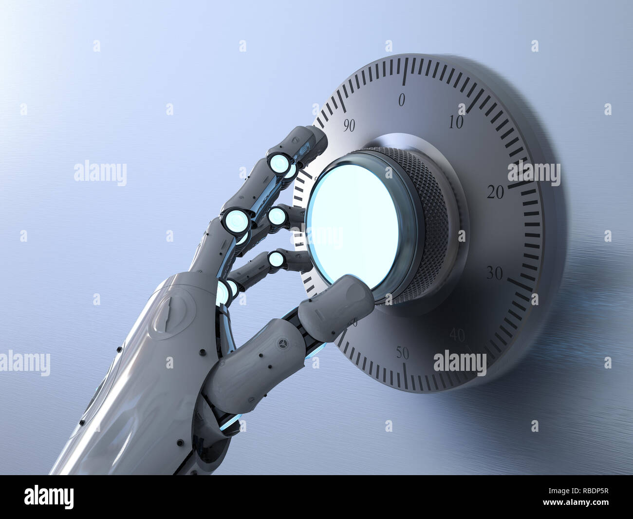 Cyber security concept with 3d rendering robot arm open dial safe Stock ...