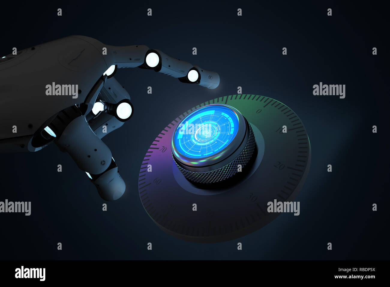 Cyber security concept with 3d rendering robot arm open dial safe Stock ...