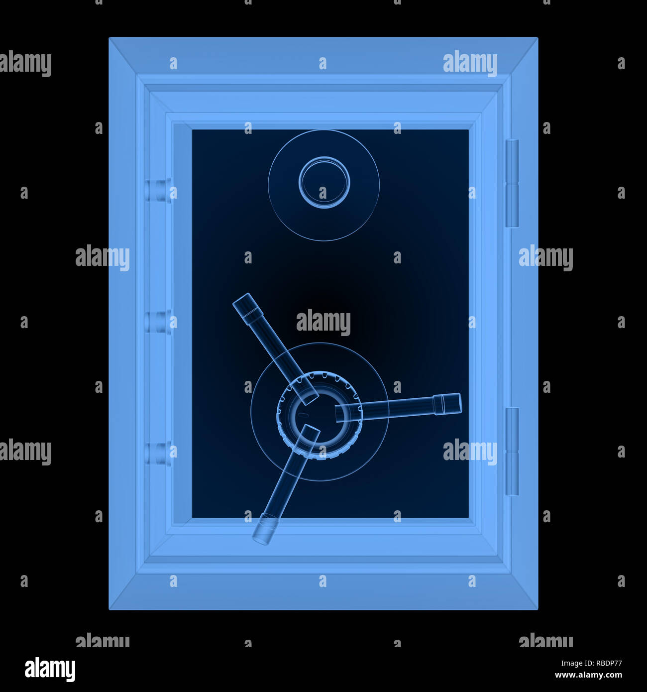 3d rendering x-ray metallic bank safe or steel safe isolated on black ...