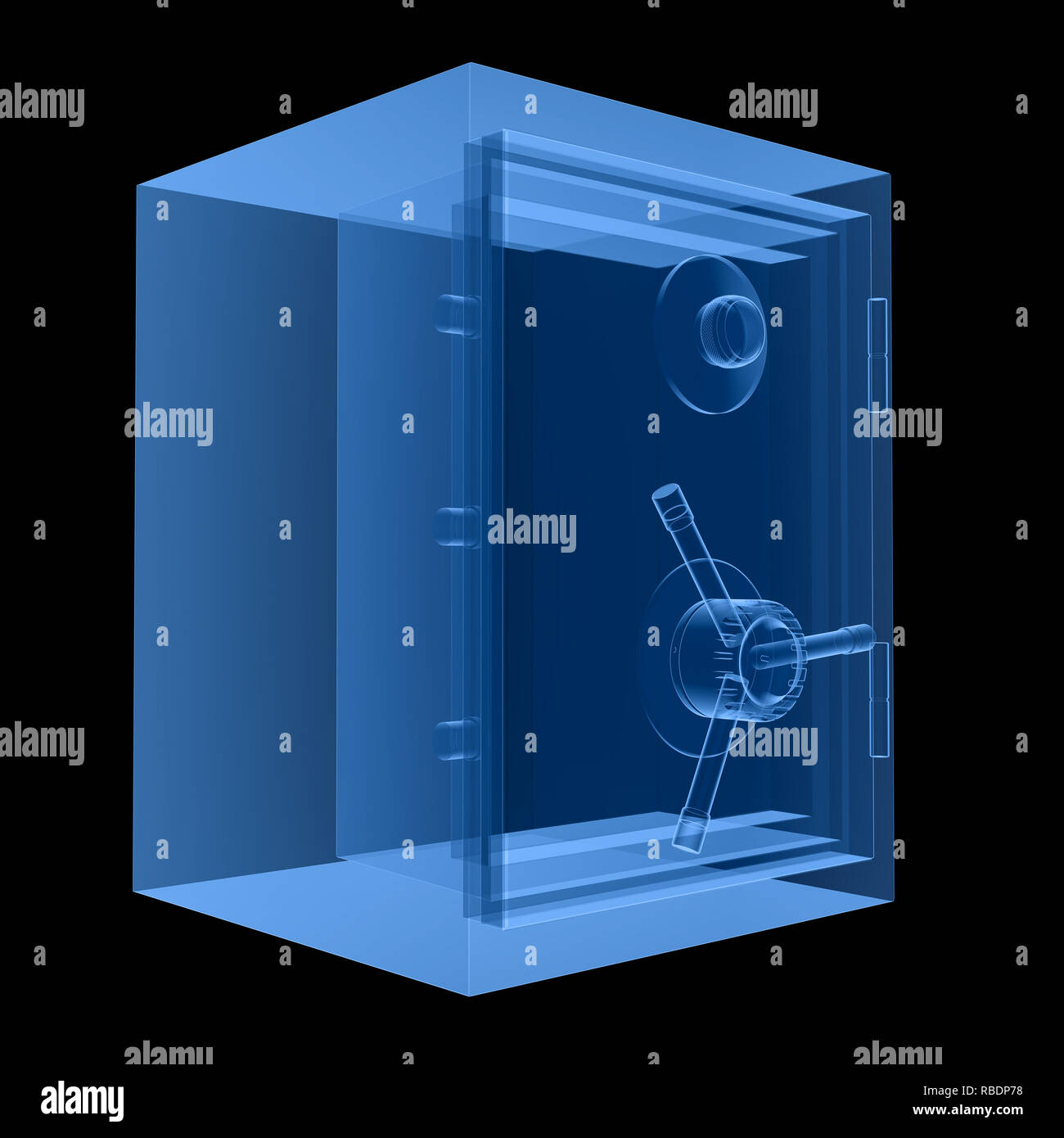 3d rendering x-ray metallic bank safe or steel safe isolated on black ...