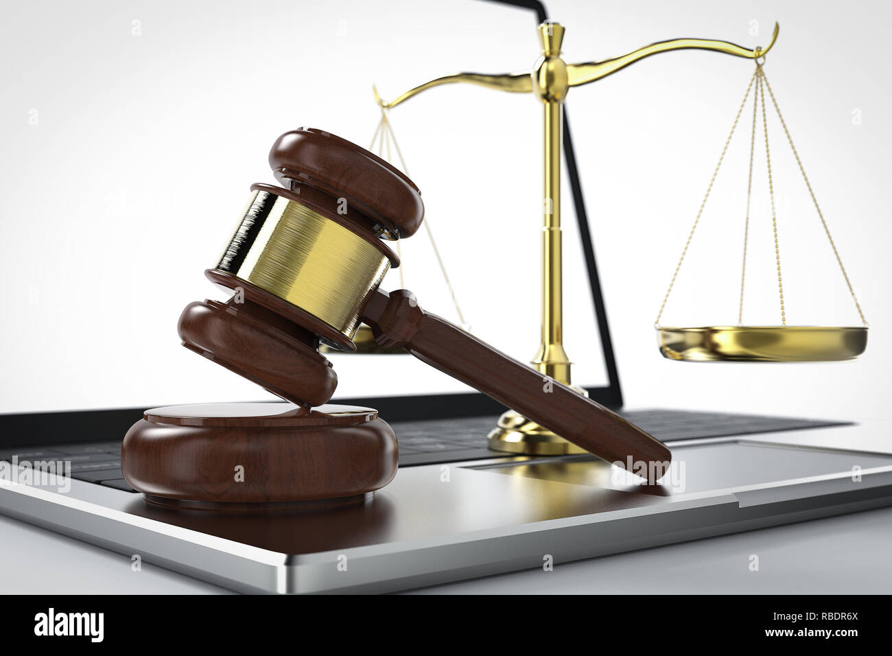 Cyber law or internet law concept with 3d rendering law scale and gavel judge on computer ...