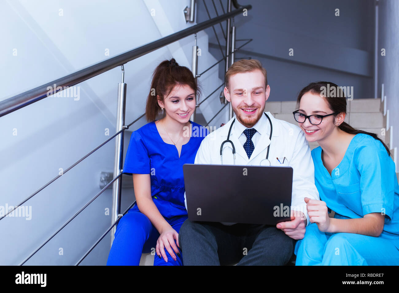 healthcare. A group of student medical students communicates in front ...