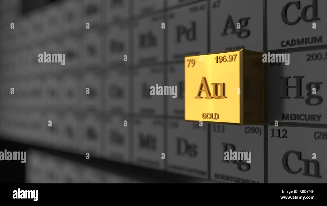 periodic table concept with black cubes. gold element selected. 3d ...