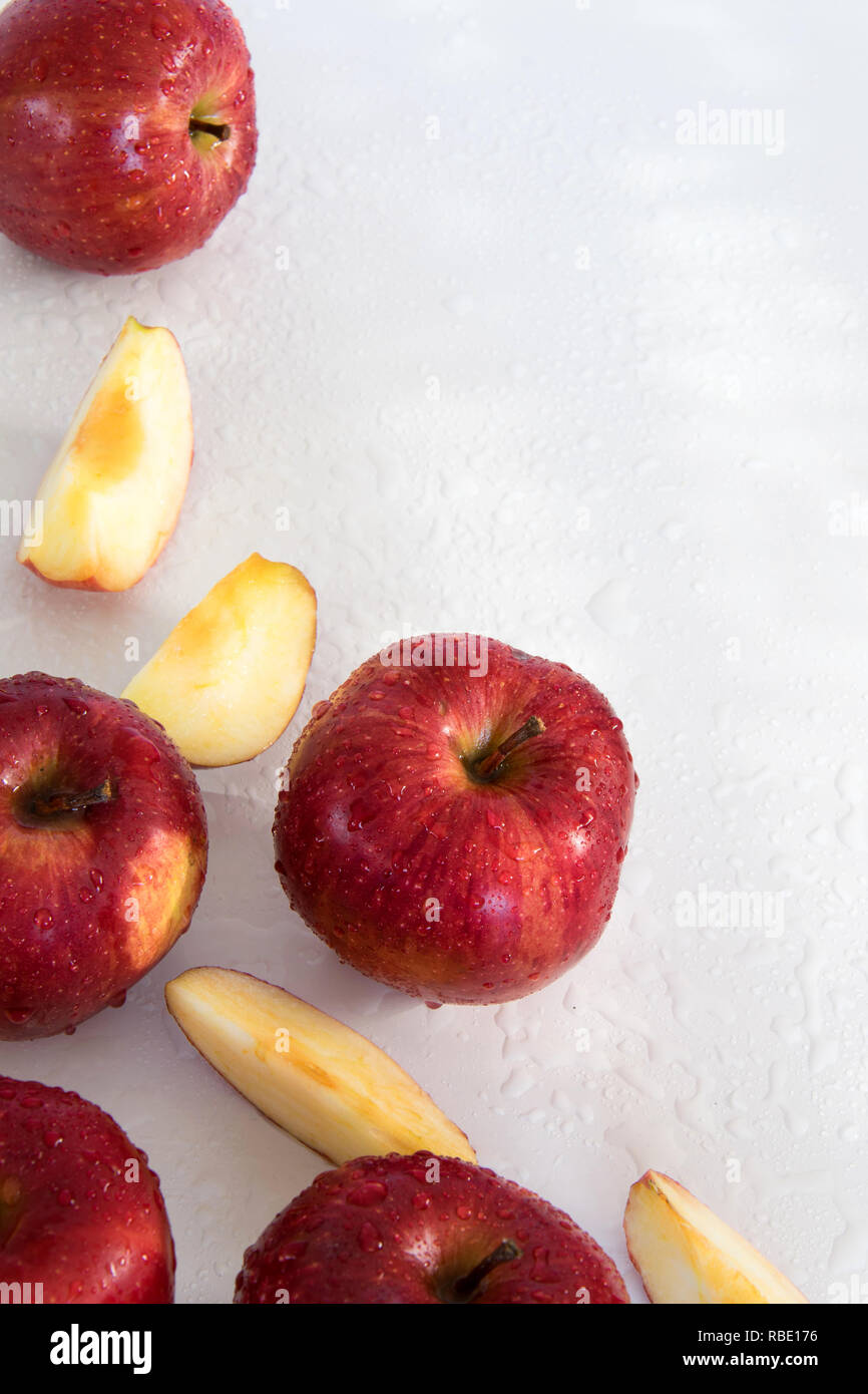 Top view of crispy red apples on white background, space for text ...