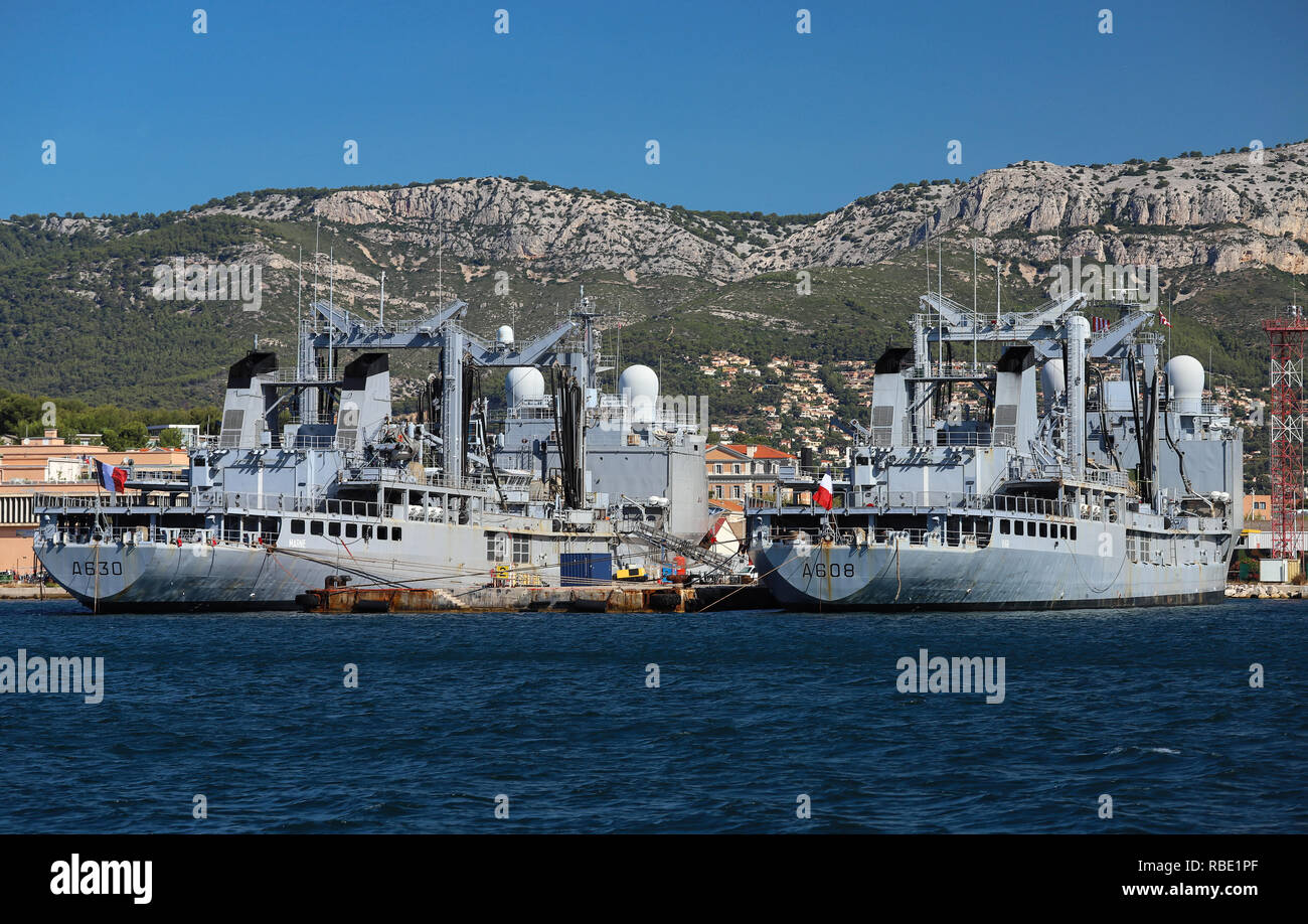 The French Navy replenishment ships Var and Marne docked in Navy base ...