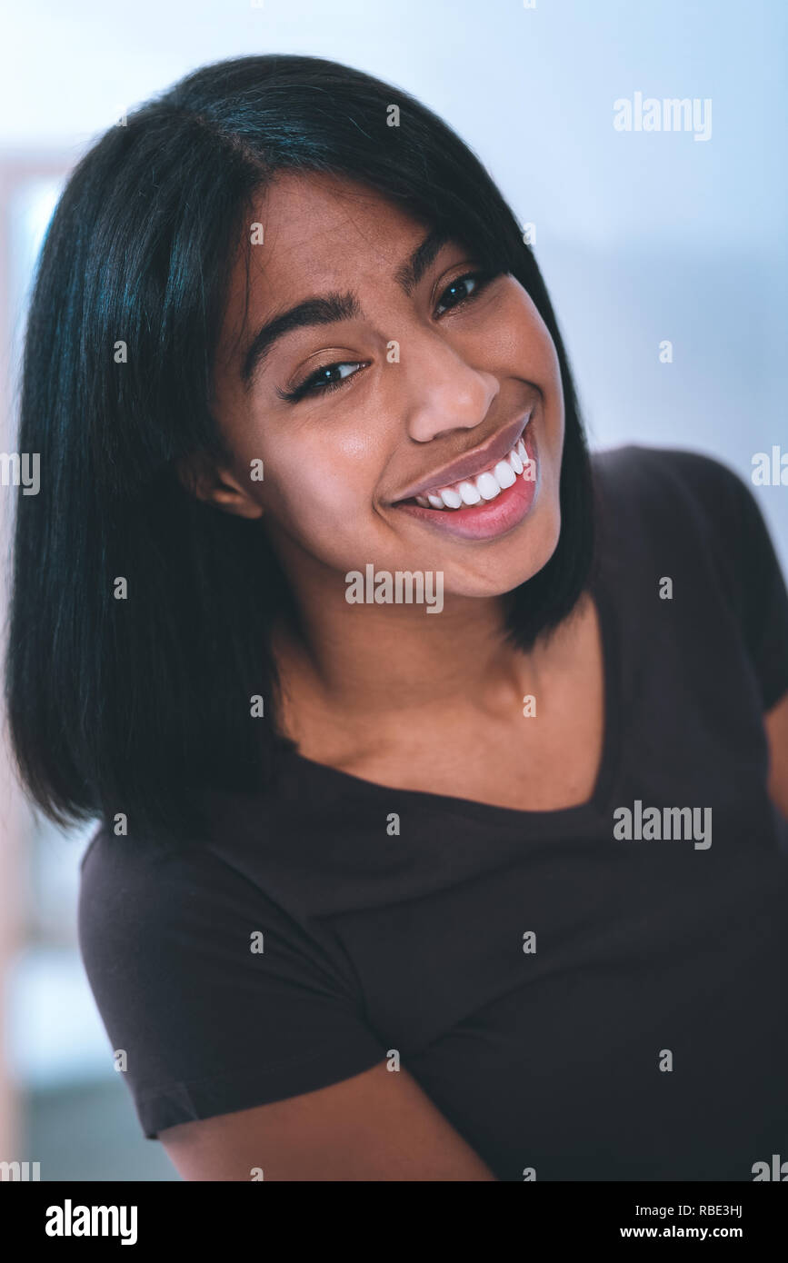 Feeling happy. Portrait of pretty indian girl with beautiful smile ...