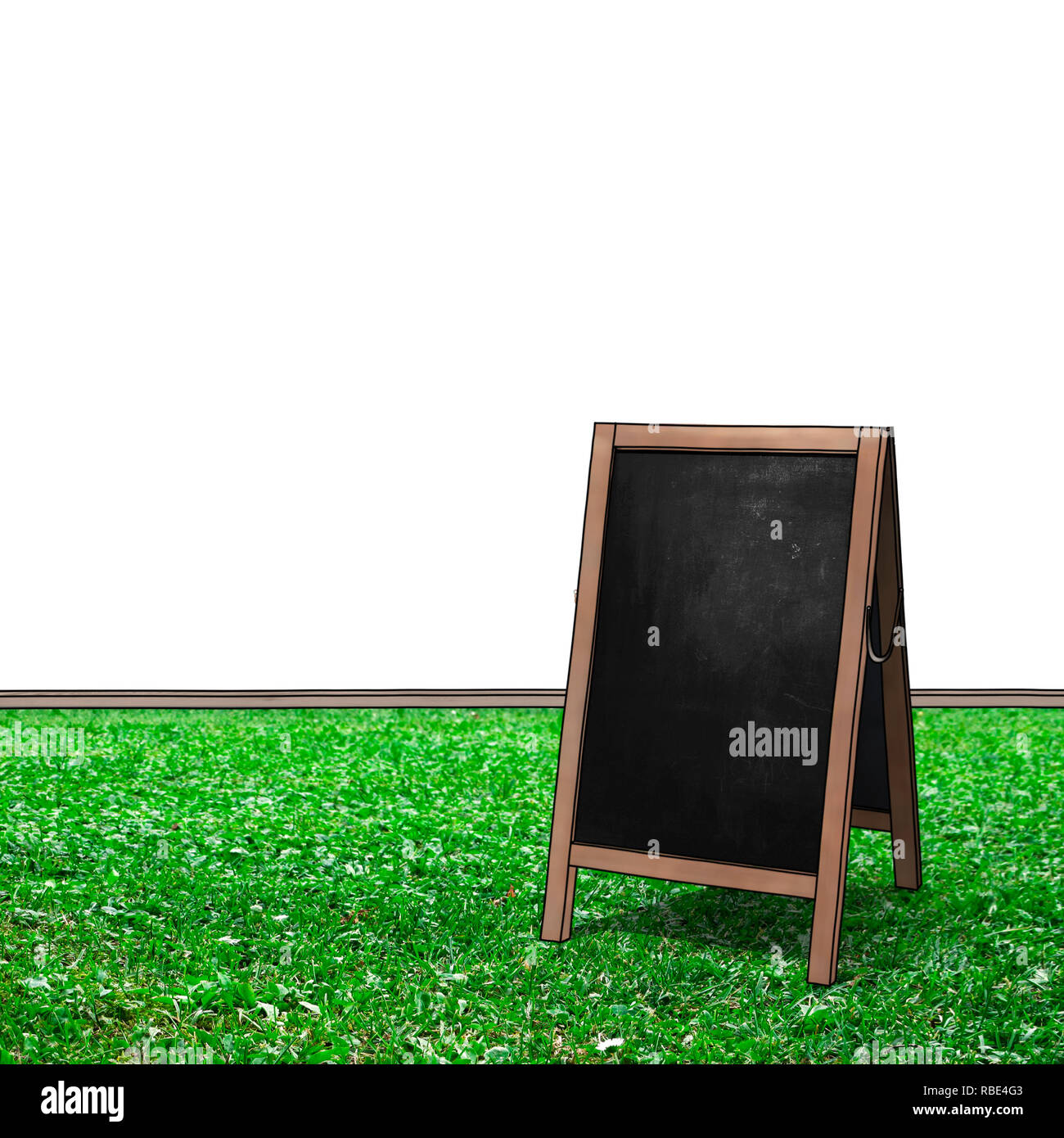3d illustration rendering of blank blackboard notice board on green ...