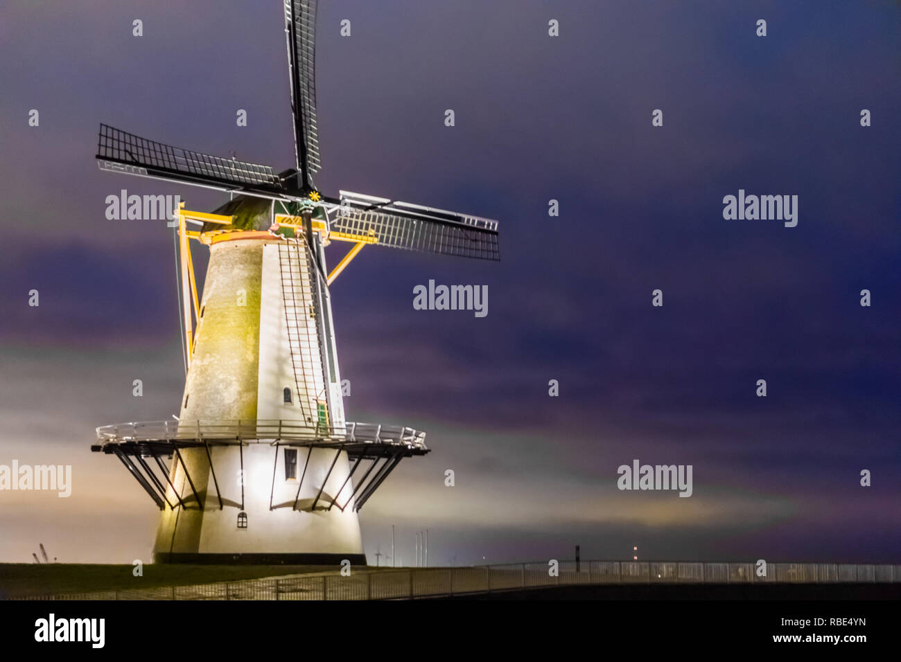 The windmill of Vlissingen by night, typical dutch scenery, historic ...