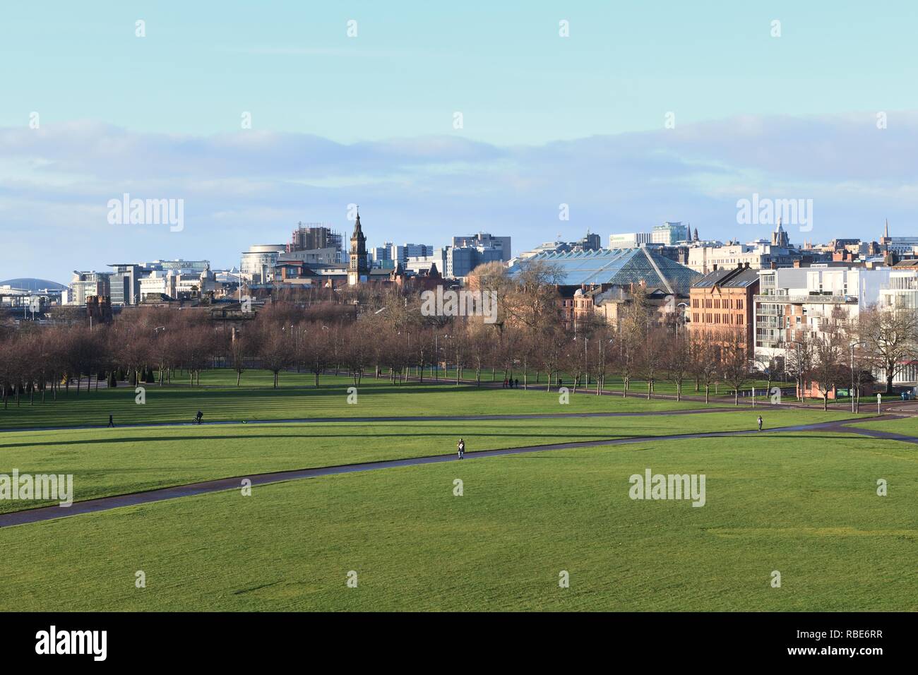 Looking north west over Glasgow Green and the city centre skyline of ...