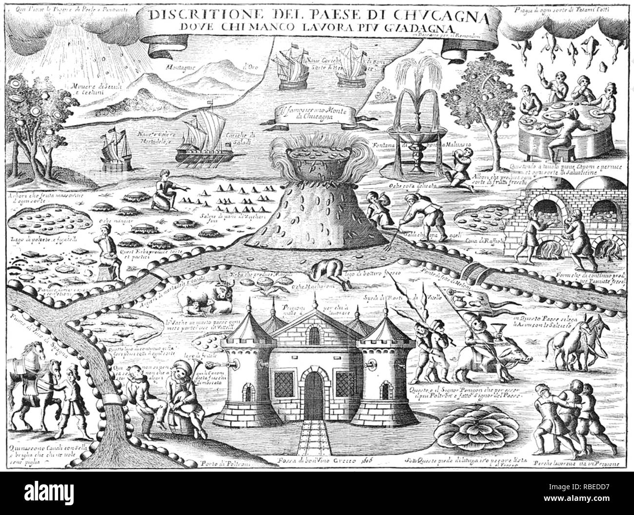 COCKAIGNE Medieval Italian illustration of the mythical land of plenty ...