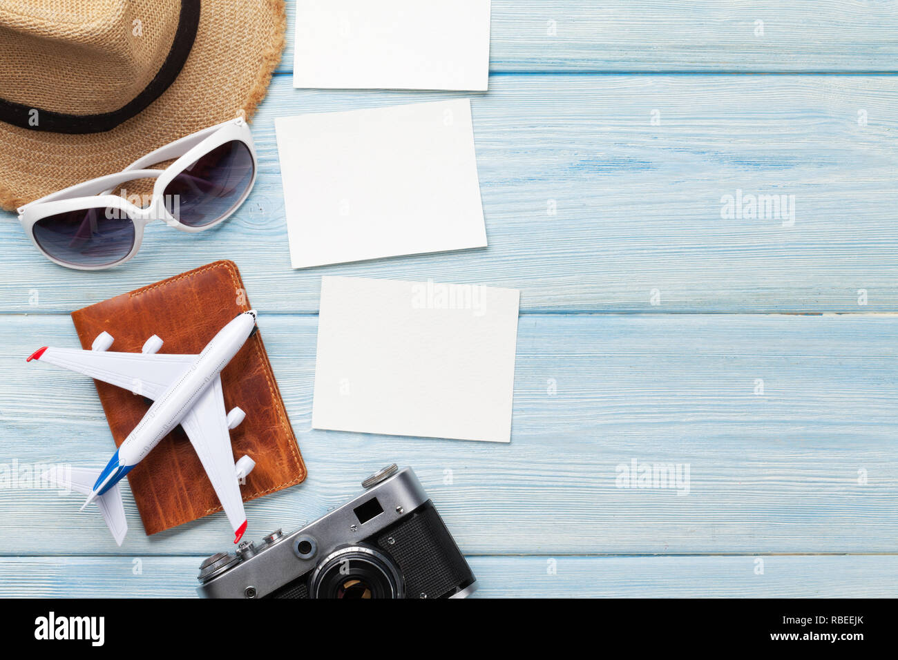 Travel vacation background concept with sun hat, camera, passport ...